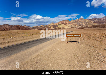 Welcome sign, scenic drive, Artist Drive, Black Mountains, Death Valley ...