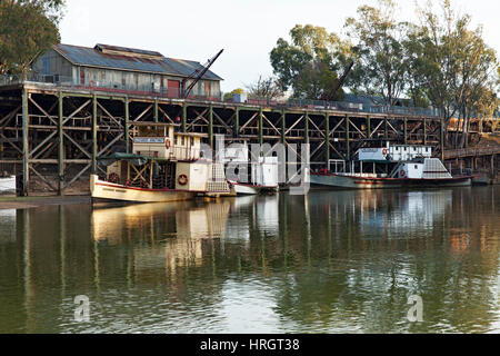 Old Paddlesteamers alongside the historic Port of Echuca Wharf,located ...