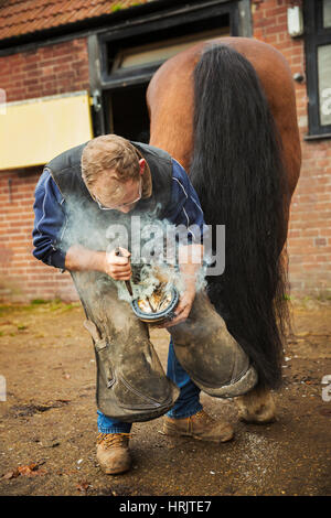 A mobile Farrier hot shoeing horses at the Appleby Horse Fair, Appleby ...
