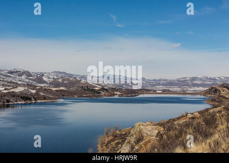 sandstone cliff over Horsetooth Reservoir and Lory State Park at winter ...