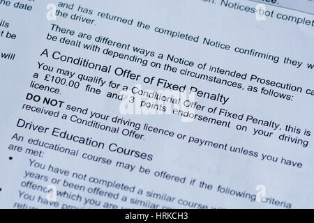 Conditional Offer of Fixed Penalty on Road Traffic Offence Notice Stock ...