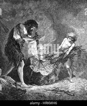 Prehistory, Prehistoric Man making Fire with Stones Stock Photo ...