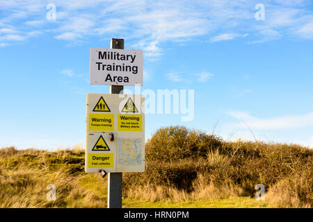 Military Training Area warning sign, Braunton Burrows, Devon, UK Stock ...