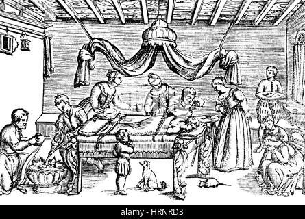 Trepanning, trephining burr hole, woodcut from "Feldtbuch der Stock ...