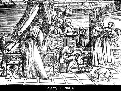 Trepanning, trephining burr hole, woodcut from "Feldtbuch der Stock ...