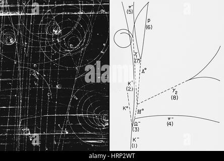 First observation of omega-minus particle. In this historic photograph ...