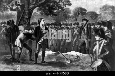 Execution of patriot Nathan Hale by the British 1776. Hand-colored ...