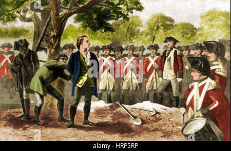 Execution of patriot Nathan Hale by the British 1776. Hand-colored ...
