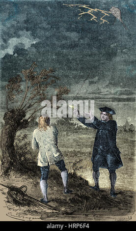 Benjamin Franklin's lightning experiment. Artwork of Benjamin Franklin (1706-1790) and his son ...