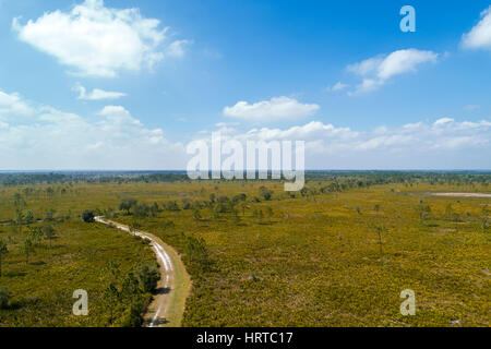 aerial view on hiking trail on red volcano with coast view on ocean ...