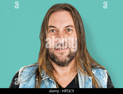 Man Long Hair Hairstyle Smiling Sneer Portrait Concept Stock Photo - Alamy