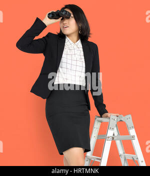Asian Business Woman Ladder Binoculars Stock Photo - Alamy