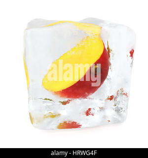 Mango frozen in ice cube, ice cube in front view, single ice cube ...