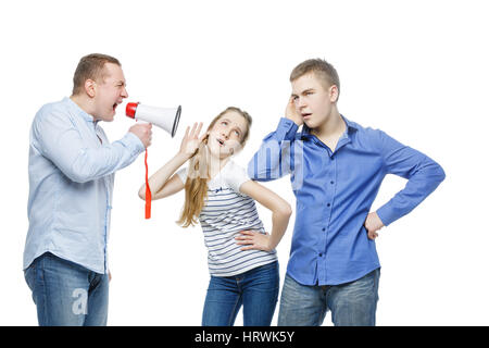 Father screaming through megaphone at teen age boy and girl. Isolated ...