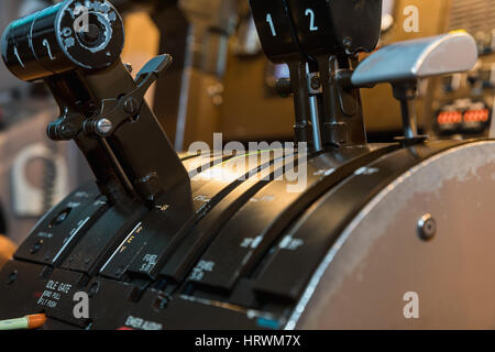 Airplan control stick in side pilot cockpit. Engine lever in the ...