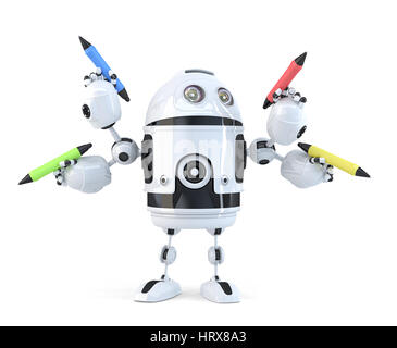 Robot with pencils. Multitasking concept. Isolated. Contains clipping ...