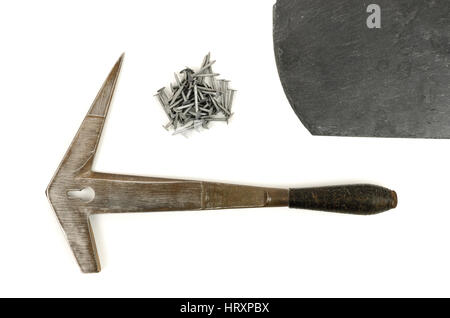 Tools for slater slate hammer on white background Stock Photo - Alamy