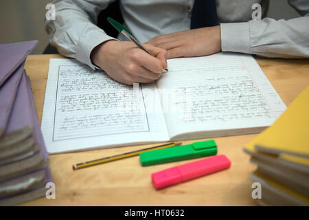 Primary school teacher marking pupils homework study books at home in ...