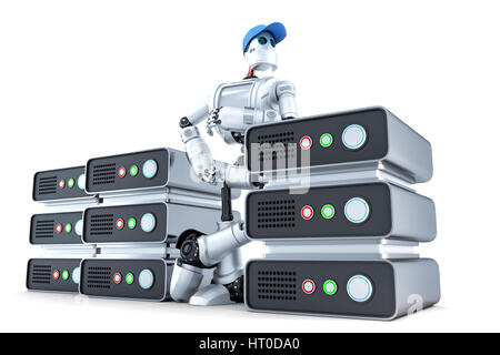 Robot with a stack of servers, hosting concept. Isolated. Contains ...