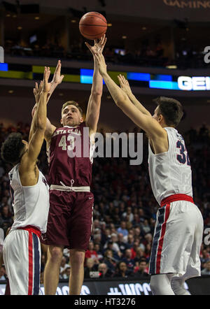 Santa Clara forward Nate Kratch (43) blocks the path of Rider forward ...
