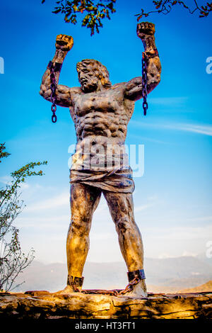 Prometheus, Greek mythological hero, forged on a rock, an eagle is ...