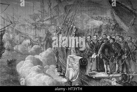 Funeral of Francis Drake, January 1596. Buried at sea in a lead-lined ...