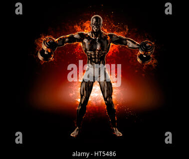 Muscular bodybuilder with dumbbells. Fire explode concept. 3d ...