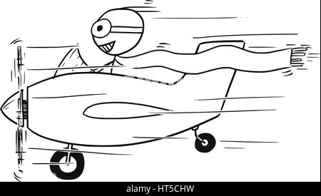 Cartoon vector stickman man flying in small propelled airplane showing ...