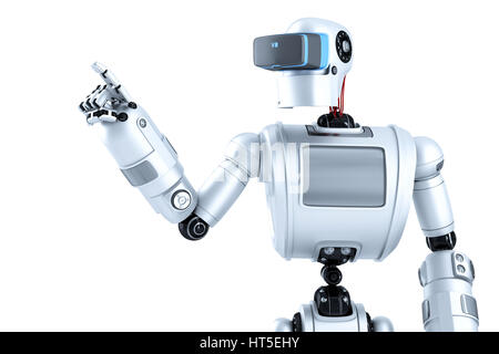Robot in a virtual reality helmet pointing at invisible object ...