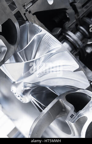 Turbocharger structure scheme with cross section, frontal close-up ...