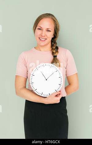 Caucasian Lady Holding Clock Concept Stock Photo - Alamy
