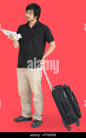 Asian Man Travelling Map Luggage Stock Photo - Alamy
