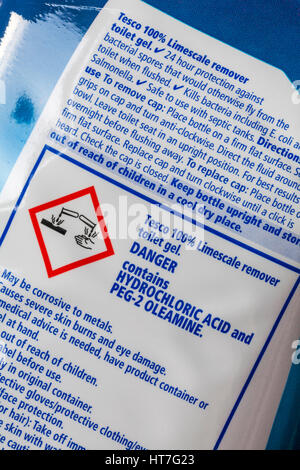 Corrosive symbol and warning on back of Domestos Zero Limescale toilet ...