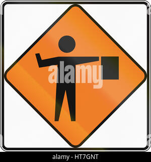 Flagman ahead traffic road sign in red, orange color, signal for ...