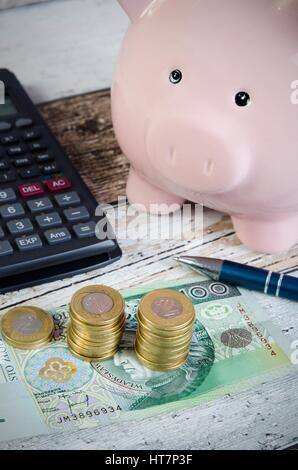 Polish coins and piggy bank. Business concept of counting savings Stock ...