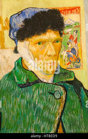 Painting titled "Self Portrait With A Bandaged Ear" by Vincent van Gogh ...