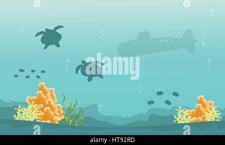 Silhouette of submarine and fish landscape Stock Vector Image & Art - Alamy
