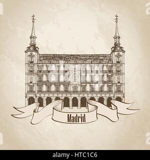 Madrid, Spain famous landmark sketch. Lineart drawing by hand. Greeting ...
