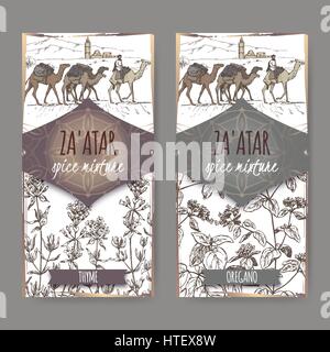 Two Zaatar spice labels with desert , marjoram and savory sketch Stock ...