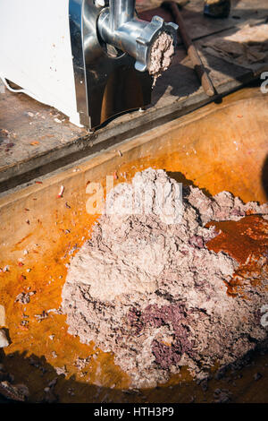 Grinding meat and spices for sausage Stock Photo - Alamy