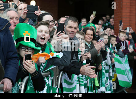 Celtic fans wait for their team to arrive outside the ground ahead of ...