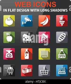 Supermarket food flat design long shadow glyph icons set Stock Vector ...