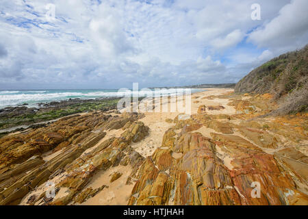 A scenic view of rock formations on the shore under green tree leaves ...