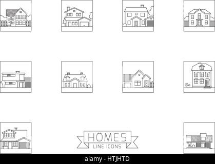 Variety of residential buildings square line icons Stock Vector Image ...