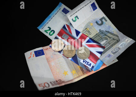 A general view of a bank card featuring the Union Jack and euro notes ...