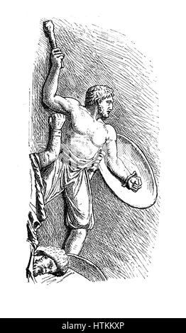 Vintage engraving representing Emperor Trajan horseback protected by ...