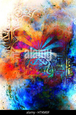 filigrane ornamental structure on abstract cosmic background, collage ...