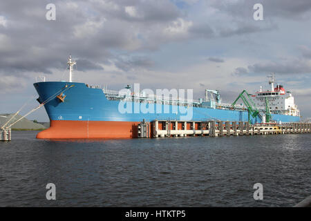 Crude oil tanker loading or discharging at Mongstad refinery, Norway ...