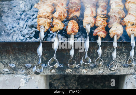 Cooking meat on the fire top view, shish kebab on skewers, smoke on the ...