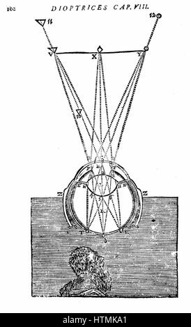 Descartes' explanation of vision, showing light rays being passed ...